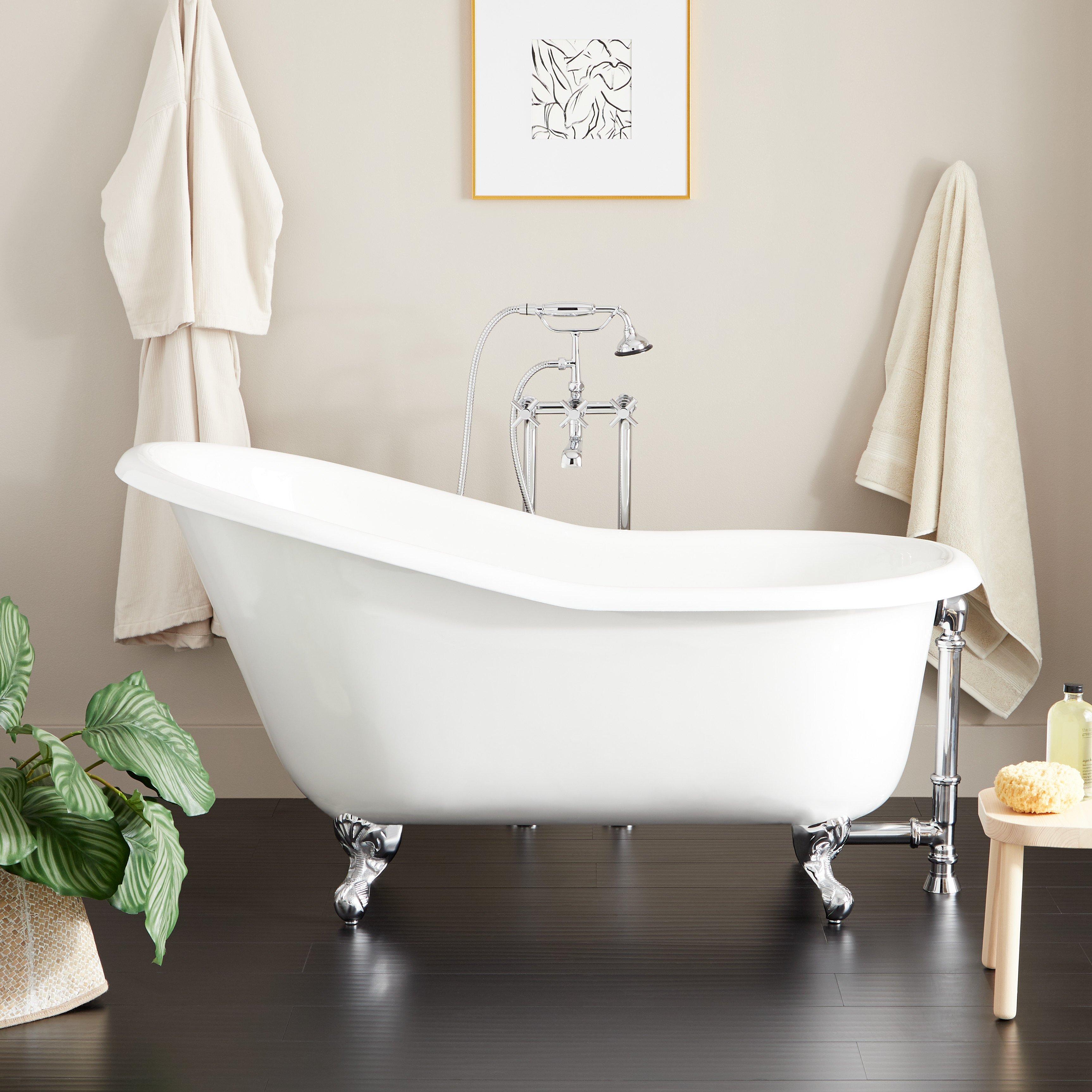 57" Erica Cast Iron Slipper Clawfoot Tub - White - Rolled Rim - Chrome ...