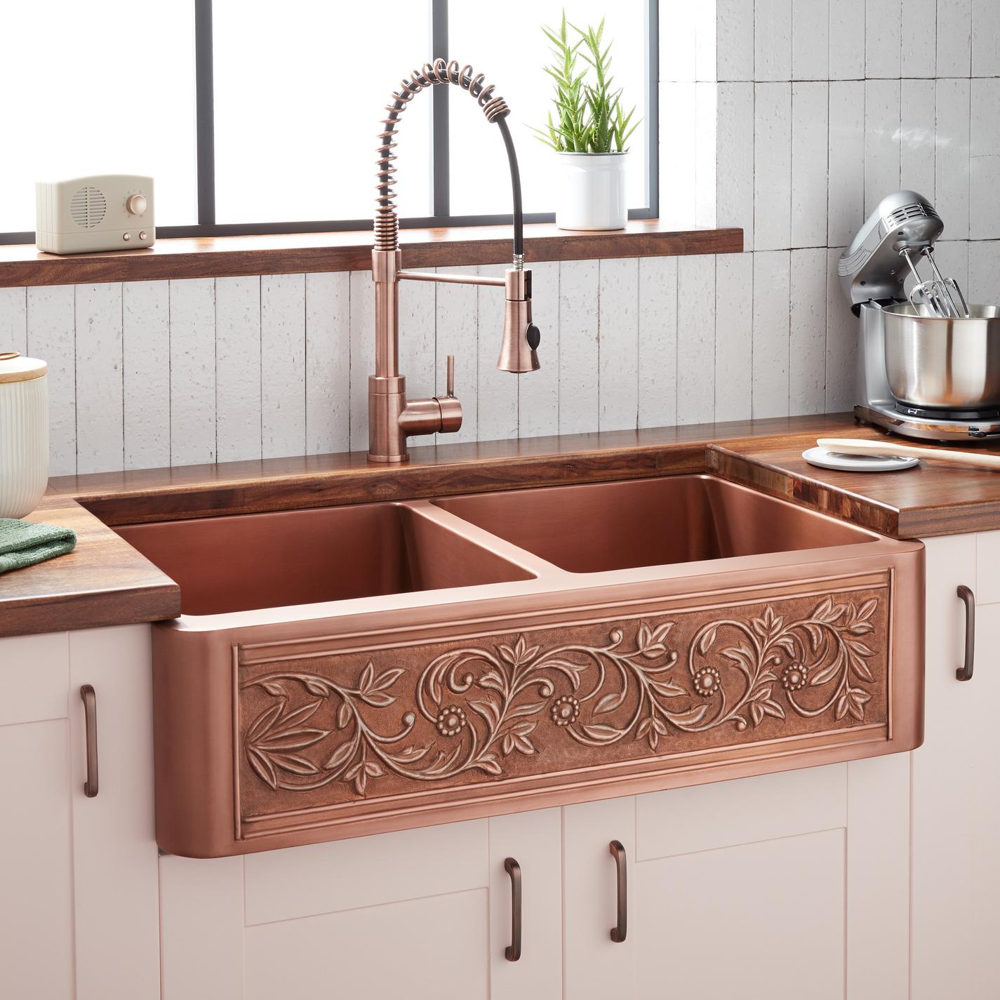 36" Vine Design Double-Bowl Copper Farmhouse Sink | Signature Hardware