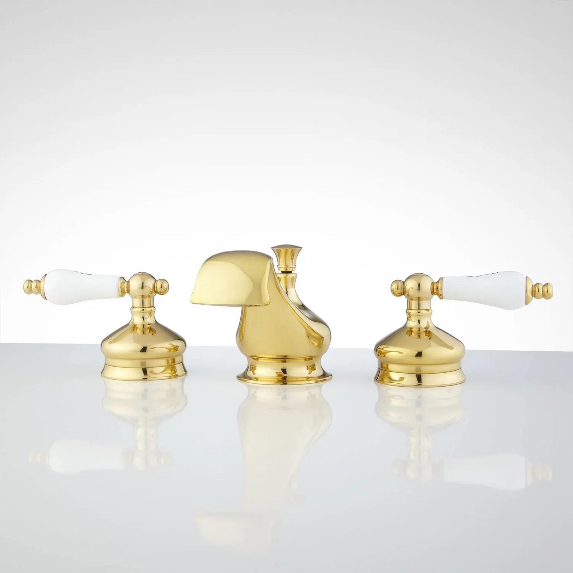 Shannon Widespread Bathroom Faucet - Porcelain Lever Handles - Polished Brass | Signature Hardware