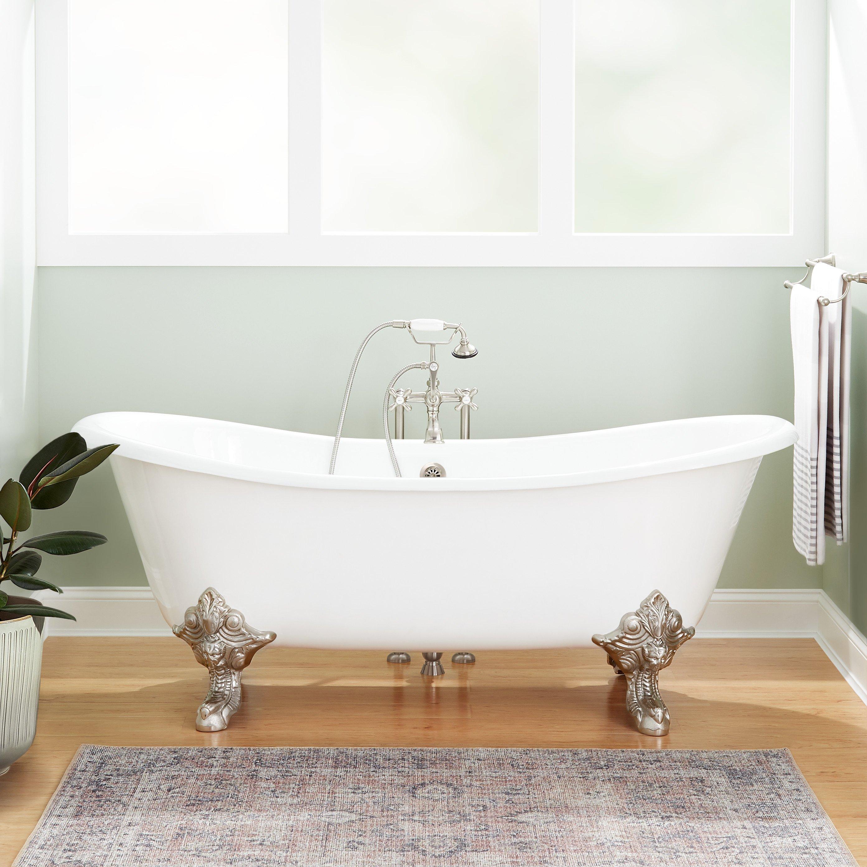 59" Lena Cast Iron Double-Slipper Clawfoot Tub - White - Rolled Rim ...