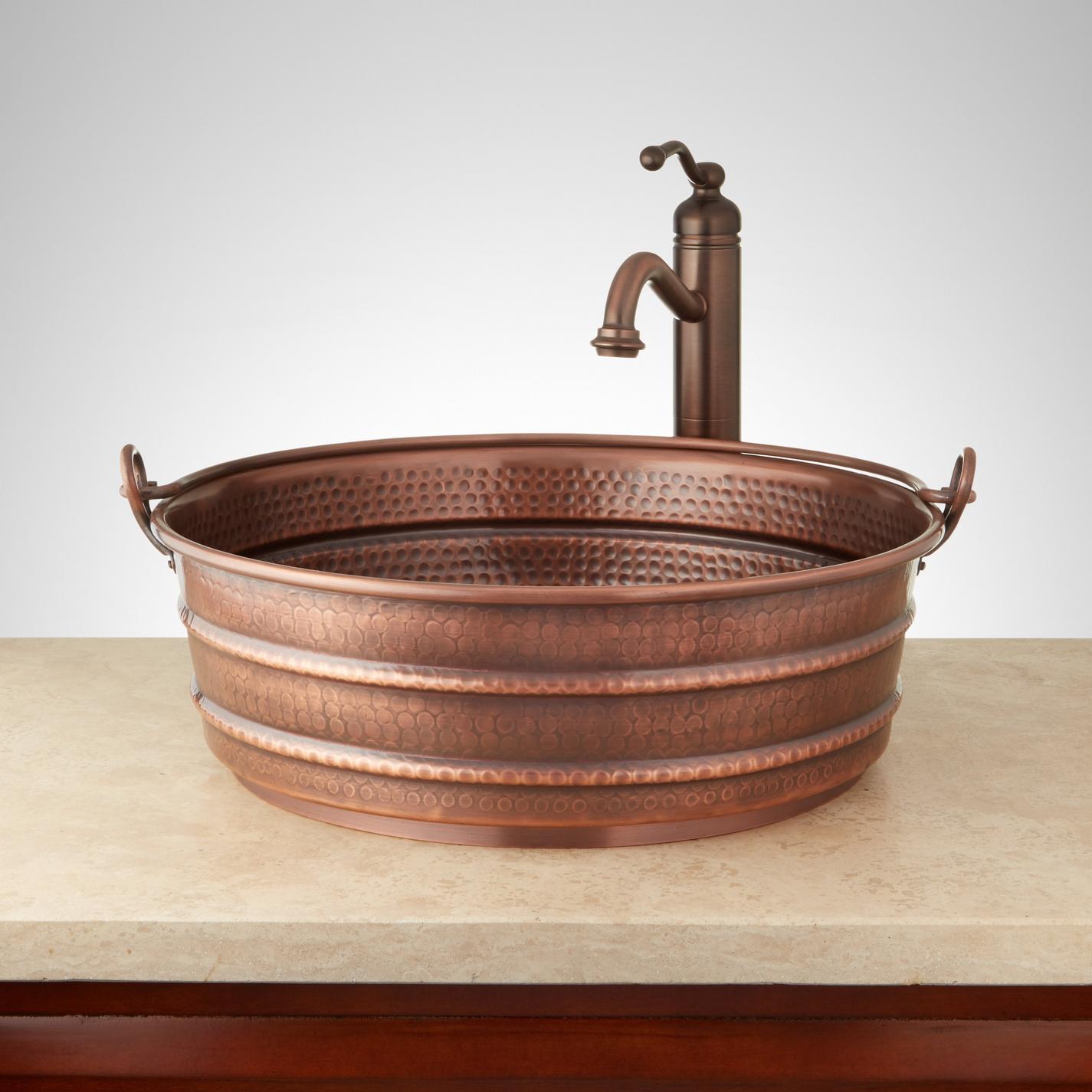 17" Copper Bucket Vessel Sink - Hammered - Decorative Copper Handle ...