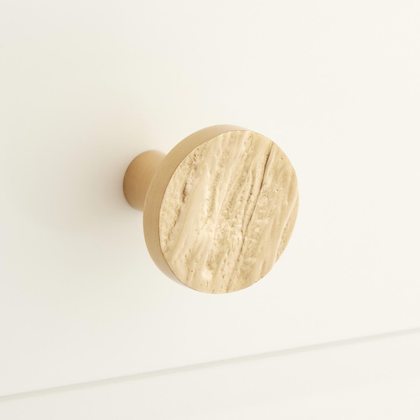 1-3/8" Tree Bark Pattern Solid Brass Round Cabinet Knob - Satin Brass ...