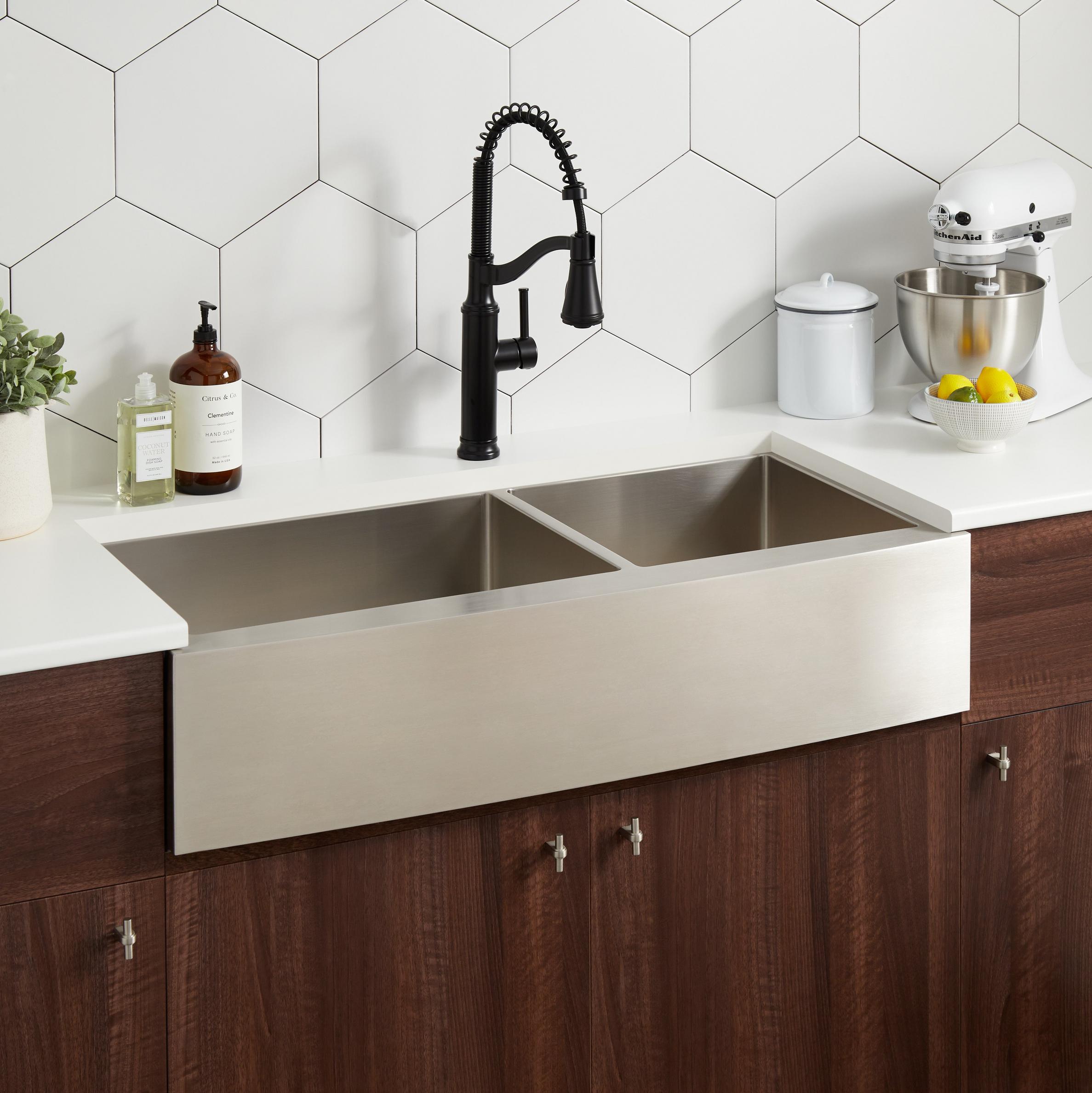 42" Fournier 60/40 Offset Double-Bowl Stainless Steel Farmhouse Sink ...