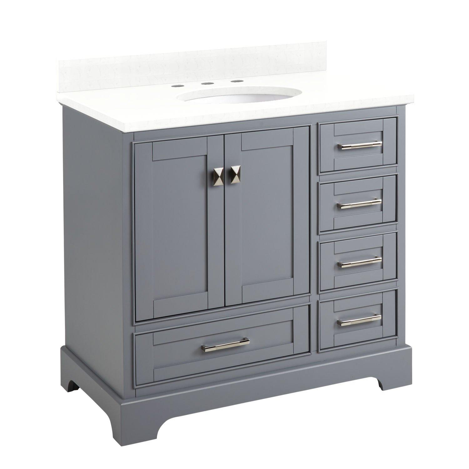 36" Quen Vanity With Undermount Sink - Gray - Feathered White Quartz ...