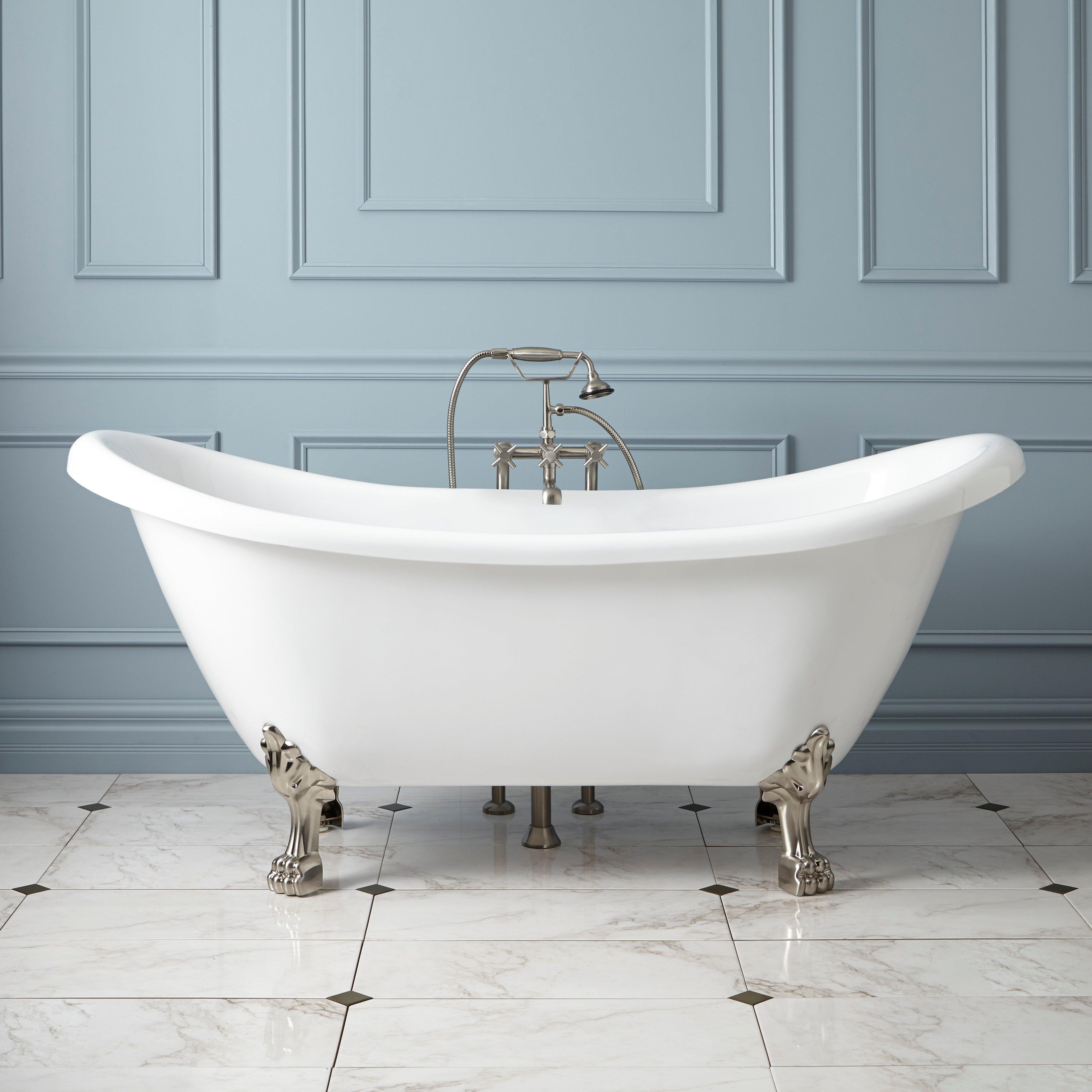 63" Rosalind Acrylic Double-Slipper Clawfoot Tub - White - Chrome Lion ...