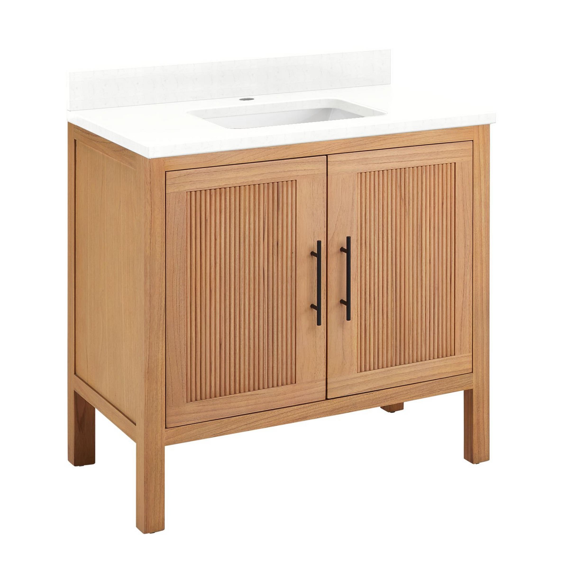 36" Ayanna Vanity with Rectangular Undermount Sink -Natural Mindi-Feathered White Quartz Single ...