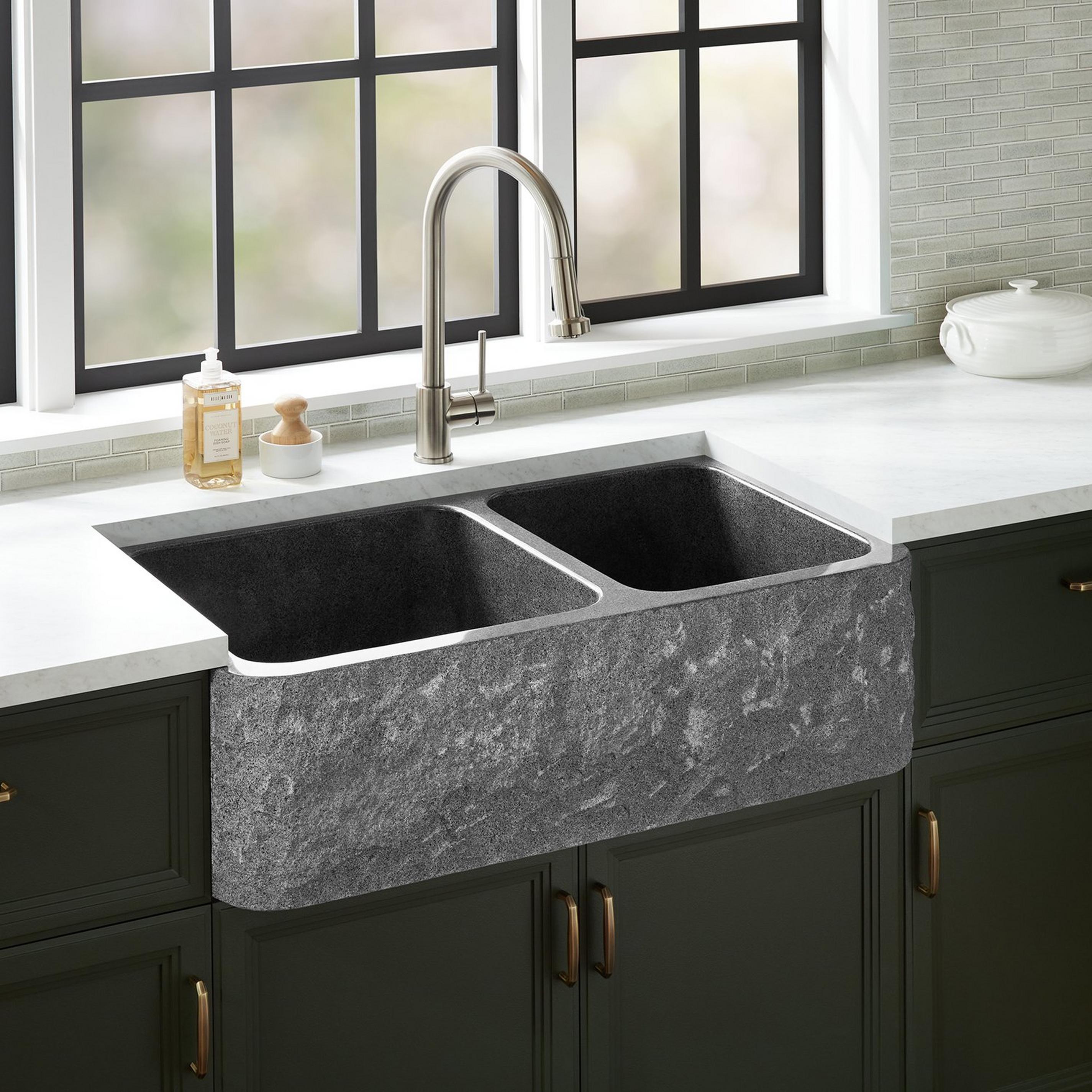 36" Finbrook Chiseled 60/40 Offset Double Bowl Granite Farmhouse Sink ...