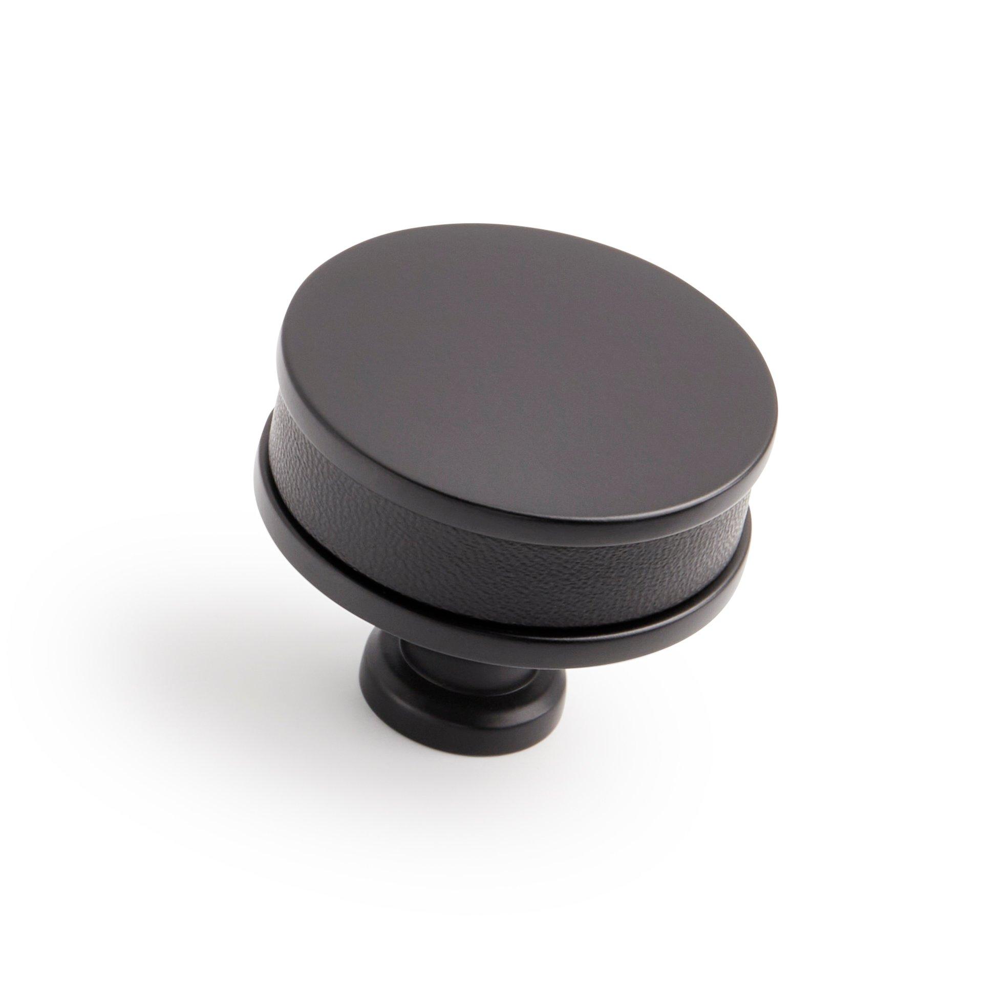 1-1/2" Lazzara Round Cabinet Knob Black Leather - Matte Black ...
