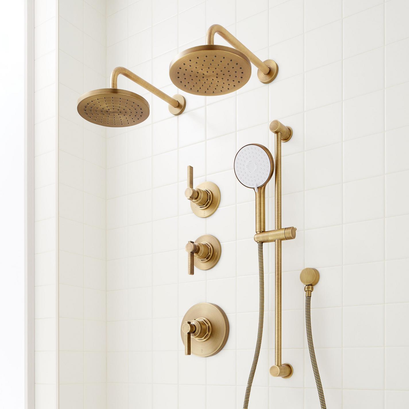 Greyfield Thermostatic Shower System with Dual Showerheads, Slide Bar ...