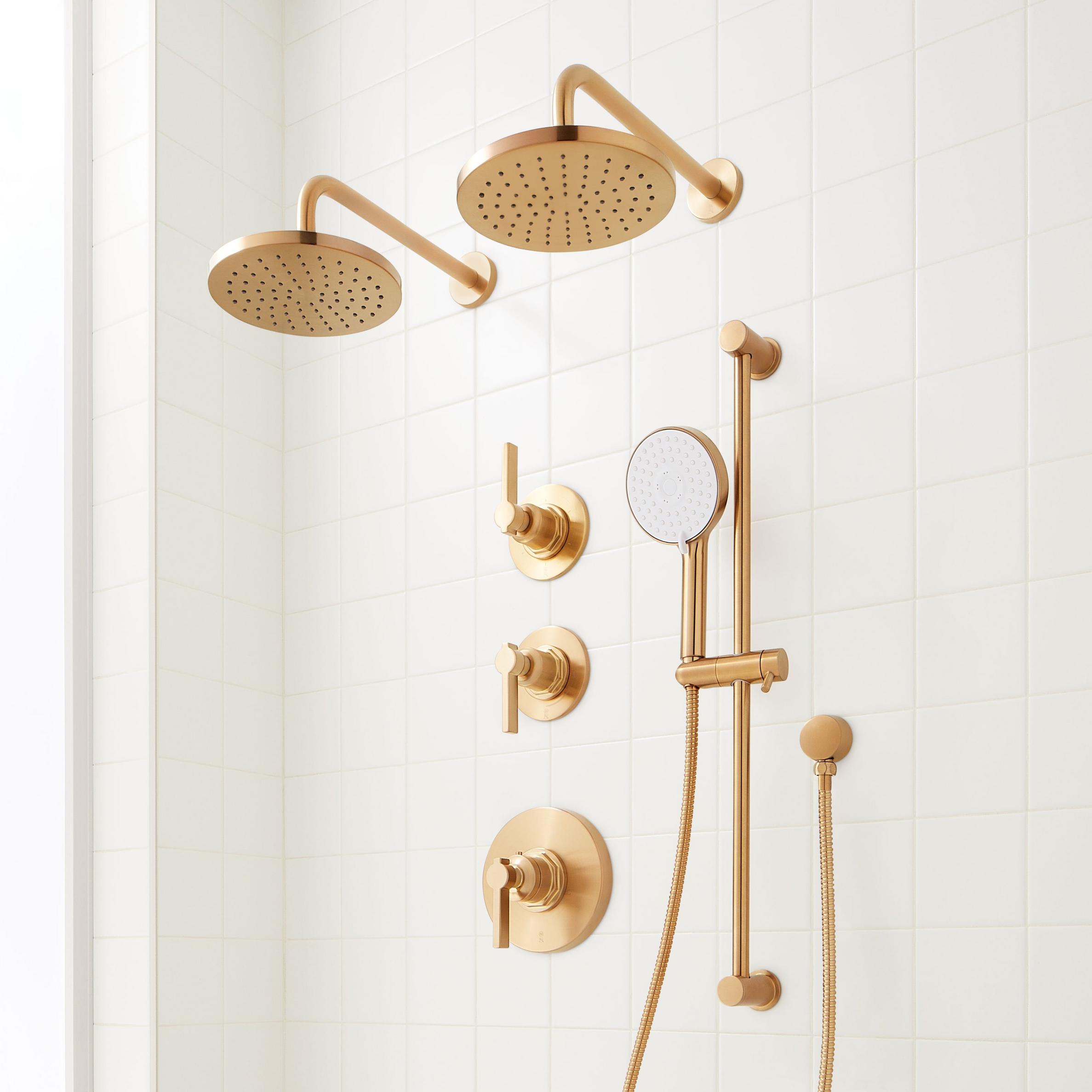 Greyfield Thermostatic Shower System with Dual Showerheads, Slide Bar ...