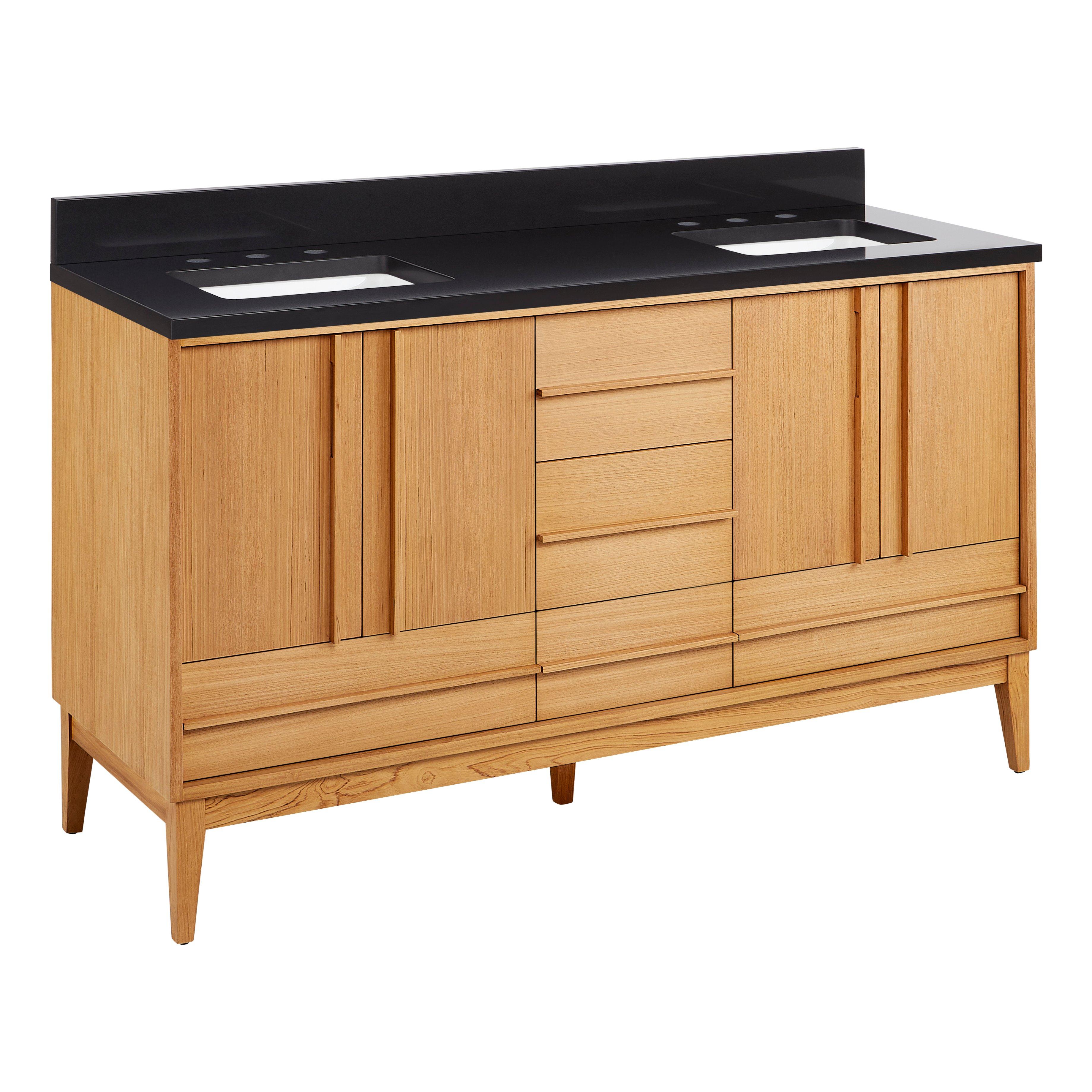 60" Sybill Double Vanity - Outlets - Rect Undermount - Natural Teak ...